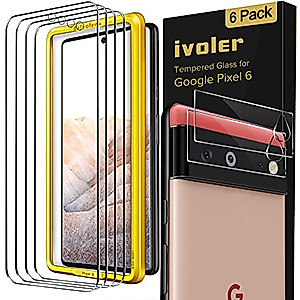 ivoler [4+2 Pack Screen Protector for Google Pixel 6 [4 Pack] with Camera Lens Protector Tempered Glass [2 Pack] [Fingerprint Unlock Compatible] with Alignment Frame Easy Installation HD Clear Film