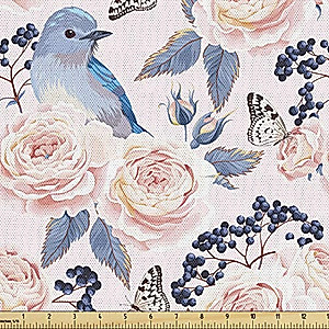 Ambesonne Vintage Fabric Material by The Yard, Pastel Peony Flowers and a Little Bird Butterflies Decor, Cloth for DIY Upholstery Furniture Cushion Cover and Decorative Home Accents, 1 Yard, Pink Blue