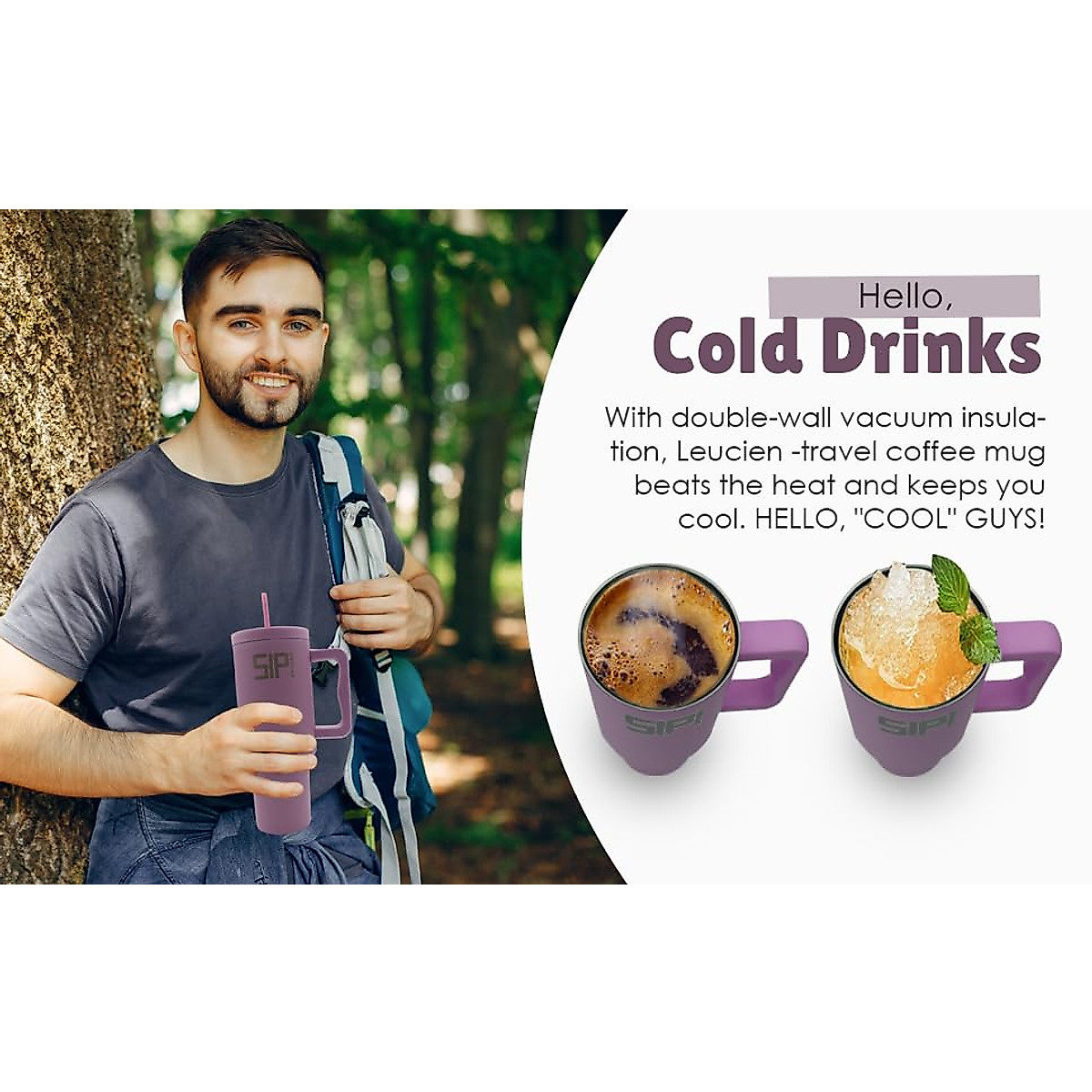 SIP SPHERE Tumbler 40oz Insulated Travel Mug with 2 Straws Double Wall Vacuum Insulated Car Cup Keeps Drinks Hot & Cold (Feather Purple)