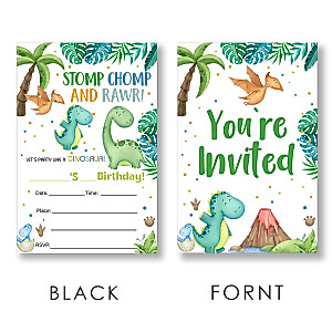 EUDOSI Dinosaur Birthday Party Invitations Supplies Fill-In Set of 20 with Envelopes Dino Theme Birthday Bash Invites Cards, Double Sided