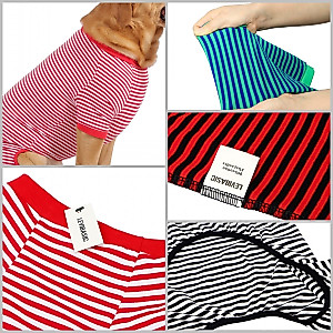Dog Pajamas Cotton Striped Pup Jumpsuit, Breathable 4 Legs Basic Pjs Shirts for Puppy and Cat, Super Soft Stretchable Dog Jammies Boys Girls (Medium, White Red+Black)