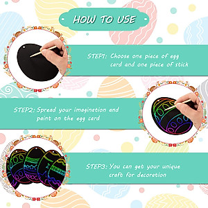 48 Pieces Scratch Paper Easter Scratch Craft Art Easter Day Ornaments Colorful Scratch Easter Day Rainbow Cutouts with 48 Wooden Sticks and 48 Colorful Ribbons for Kids Church Class (Egg)