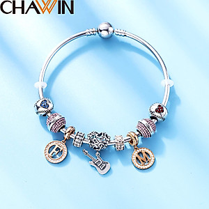 CHAWIN Initial M Letter Charms, Alphabet Charms Rose Gold, Authentic 925 Sterling Silver Charms fit Pandora Charm Bracelets, Necklace, Circle Dangle Charm Gift for Women, Sparkling Clear Stones