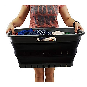 SAMMART 42L Collapsible Plastic Laundry Basket - Foldable Pop Up Storage Container/Organizer - Portable Washing Tub - Space Saving Hamper/Basket (1, Grey/Black)
