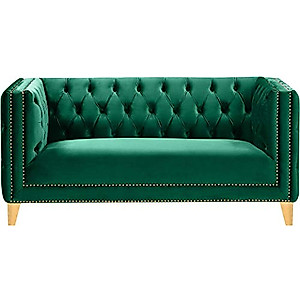 Meridian Furniture 652Green-L Michelle Collection Modern | Contemporary Loveseat with Deep Button Tufting, Nailhead Trim and Sturdy Gold Iron Legs, 66" W x 34" D x 30" H, Green