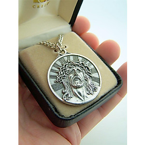 CB Silver Toned Base Thorn Crown ECCE Homo Sorrowful Jesus Christ Head Medal, 1 1/8 Inch