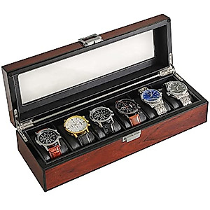 IBUYKE Watch Box with Removable Watch Pillow 6 Slots Solid Wood Watch Display Case for Mens Jewelry Organizer with Large Glass Lid JWB006H