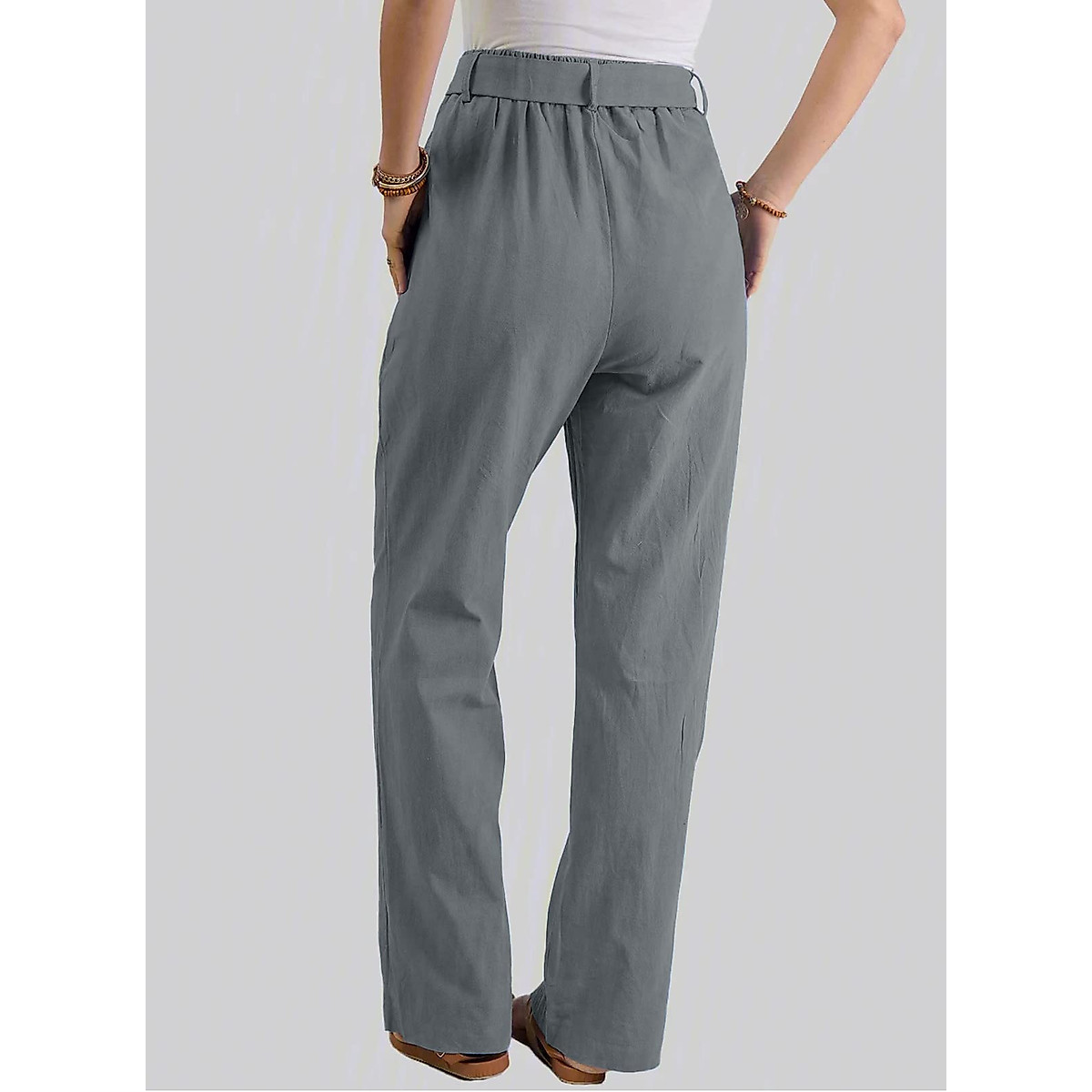EVALESS Casual High Waisted Straight Leg Linen Palazzo Pants for Women Casual Solid Color Tie Comfy Trousers with Pockets Grey Large