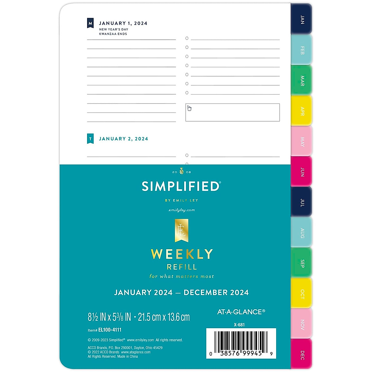 Simplified by Emily Ley for AT-A-GLANCE® Weekly Loose-Leaf Planner Refill Pages, 5-1/2" x 8-1/2", January to December 2024, EL100-4111
