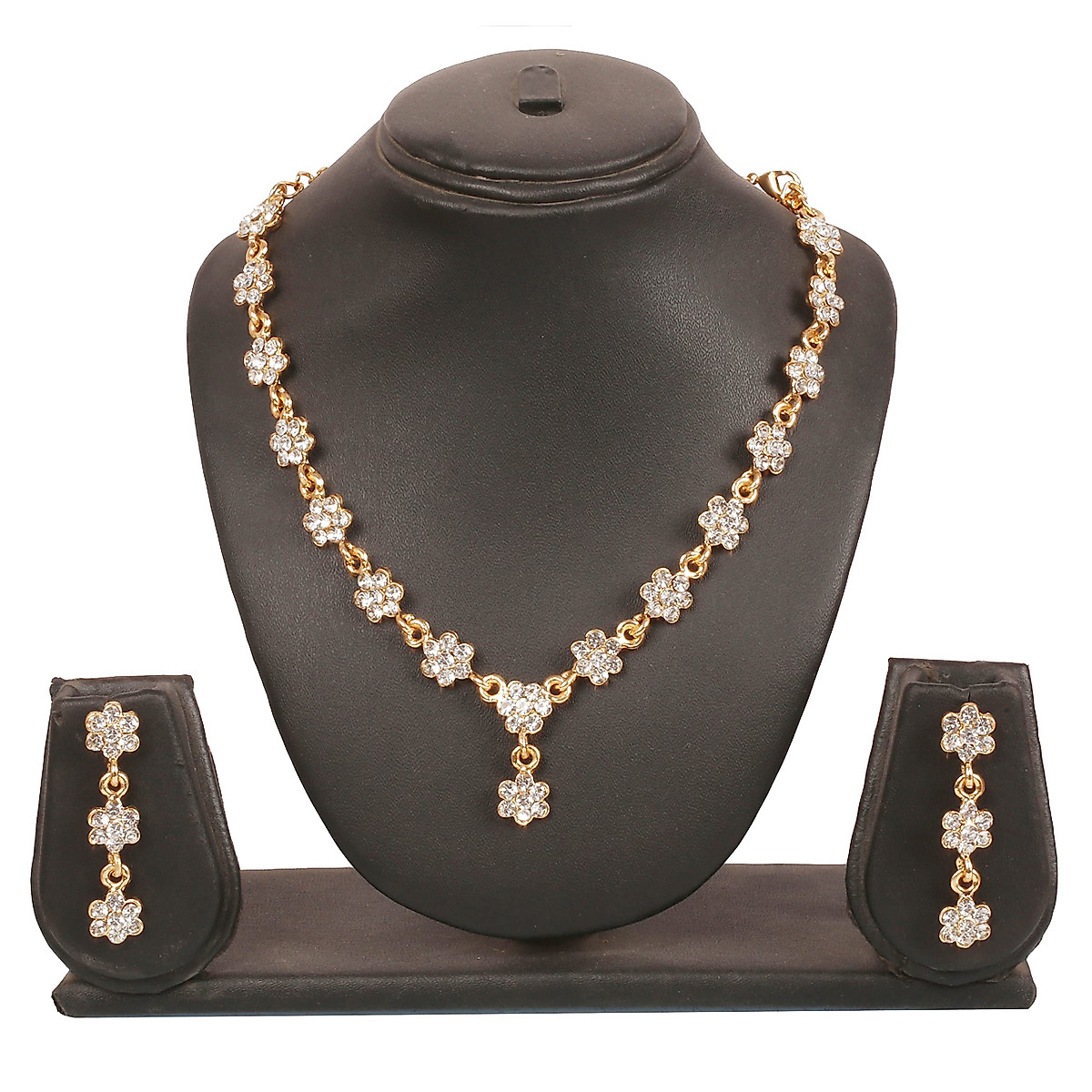 Sunsoul By Touchstone Indian Bollywood Handcrafted Traditional Floral Pattern White Rhinestone Designer Jewelry Necklace Set In Gold Tone For Women.