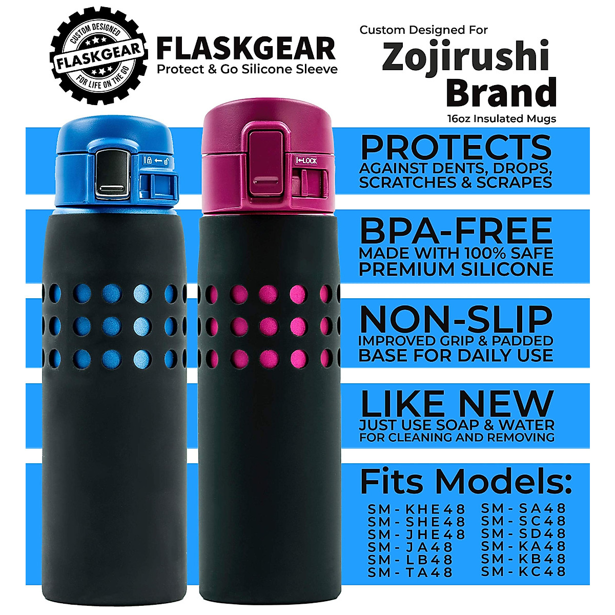 FLASKGEAR Protect & Go Silicone Sleeve Cover compatible with Zojirushi Brand Insulated Vacuum Thermos Water Bottle (BLACK, 16 oz / .48 litre)