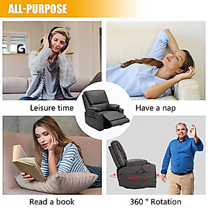 KIGOTY Recliner Chair Rocker Recliner Chair for Adults 360 Degree Swivel Rocker Reliner with Heated Massage Drink Holders Living Room Chair PU, Gray