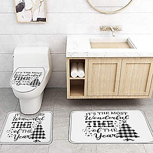 4 Pcs Shower Curtain Sets with Non-Slip Rugs, Toilet Lid Cover, Bath Mat Buffalo Black White Plaid Christmas Tree Snowflake Bathroom Decor Shower Curtain with 12 Hooks Waterproof Polyester Fabric