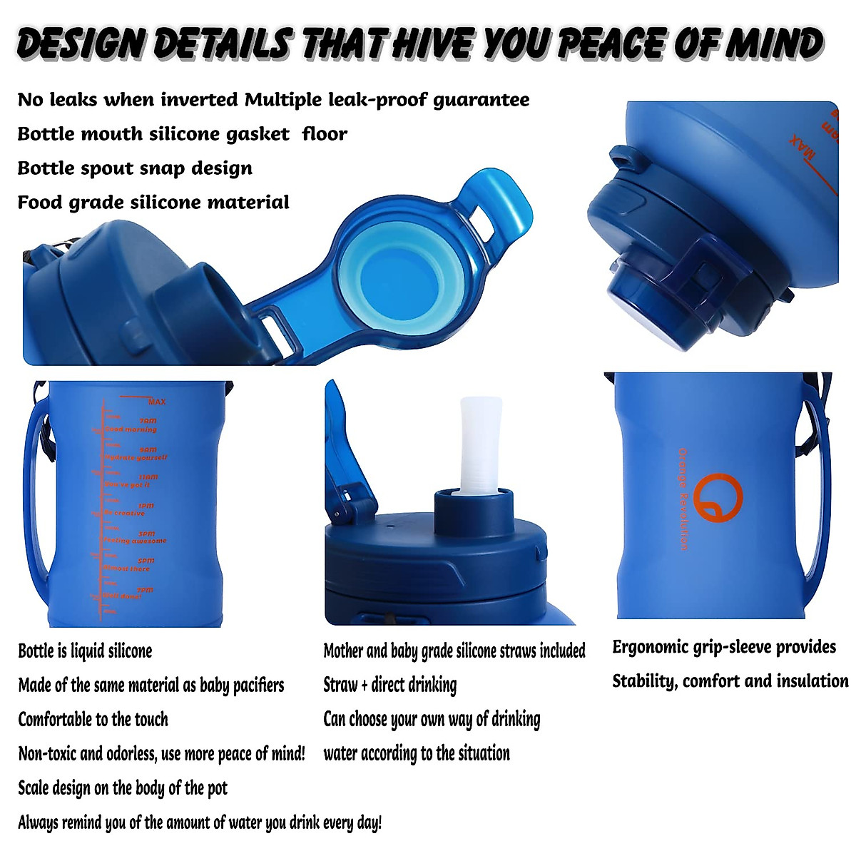 64 oz Collapsible Water Bottles with Straw, Half Gallon Water Bottle with Motivational Time Marker, Large Reusable Silicone Water Jug with Handle for Gym Sports Outdoor Travel Blue