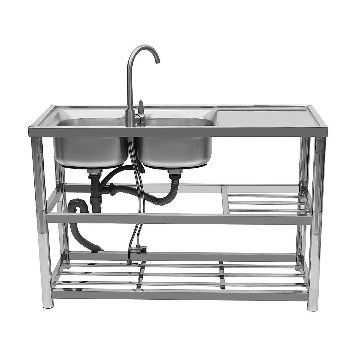 3 Tiers Standing Commercial Kitchen Sink Set, Stainless Steel Double Bowl Kitchen Sinks with Faucet and Drain Pipe, Utility Restaurant Kitchen Sink Garage Sink 47.2" x 17.5" x 31.5"