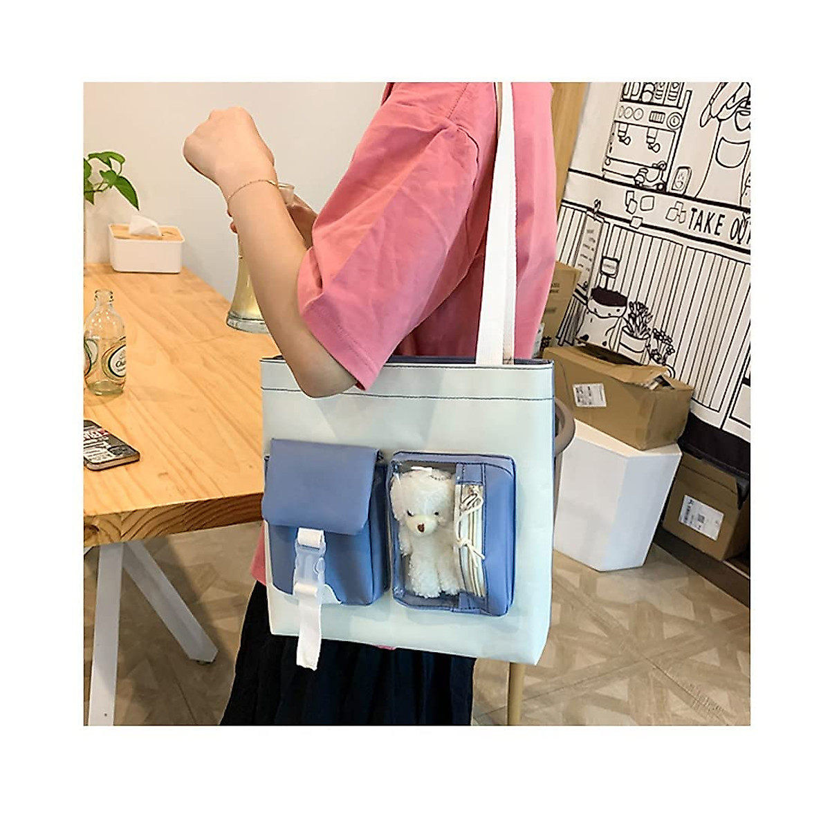 AONUOWE 5 pcs Cute Aesthetic Backpack Set for School Teens, 3 Plushies & 5 Pins & Cards Kawaii Backpack with Accessories (Blue)