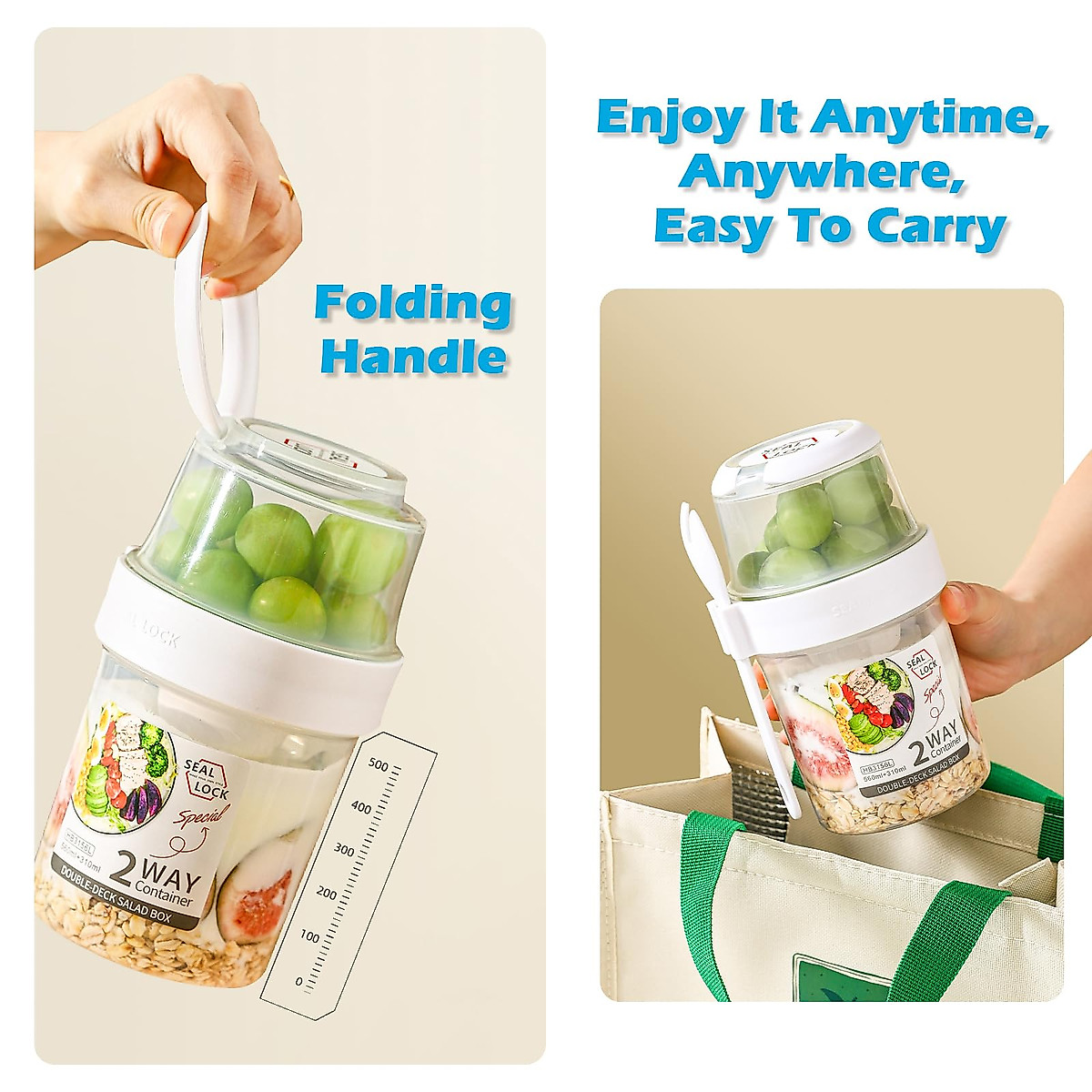 Daasigwaa Breakfast On The Go Cups, Salad Cup To Go, Take And Go Yogurt Cereal Overnight Oats Snack Parfait Containers & Salad Dressing Holder With Fork For Lunch, Fruit & Vegetable Jar(White,36.2oz)