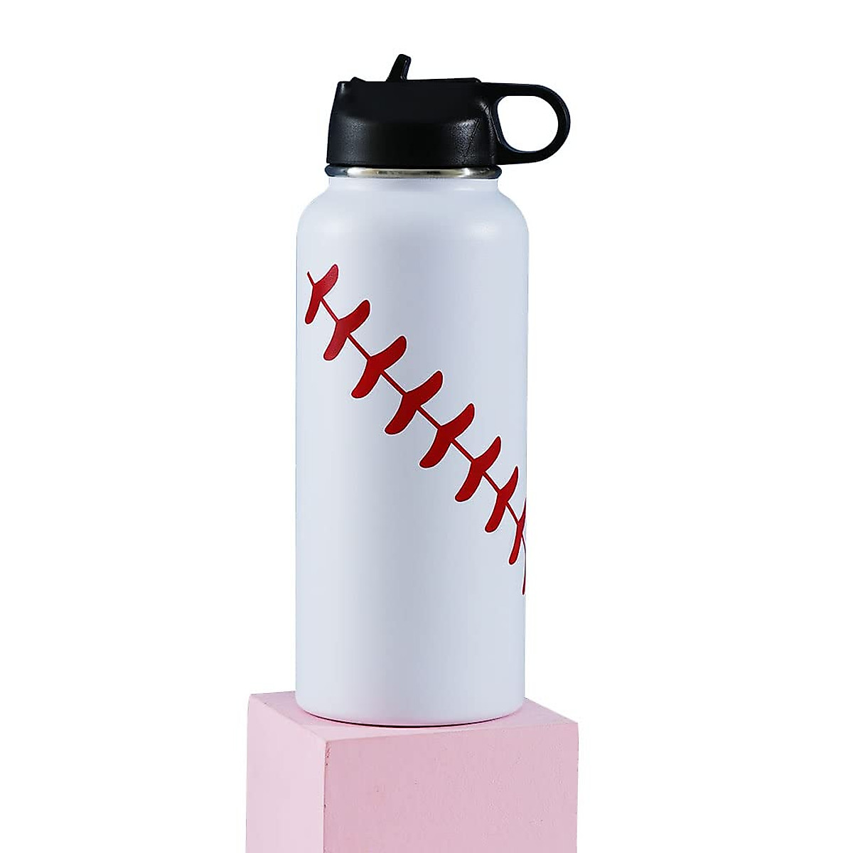 32 oz Baseball Sports Water Bottle Insulated 2 Lids Straw Travel Tumbler Durable Stainless Steel Vacuum Bottle (white)