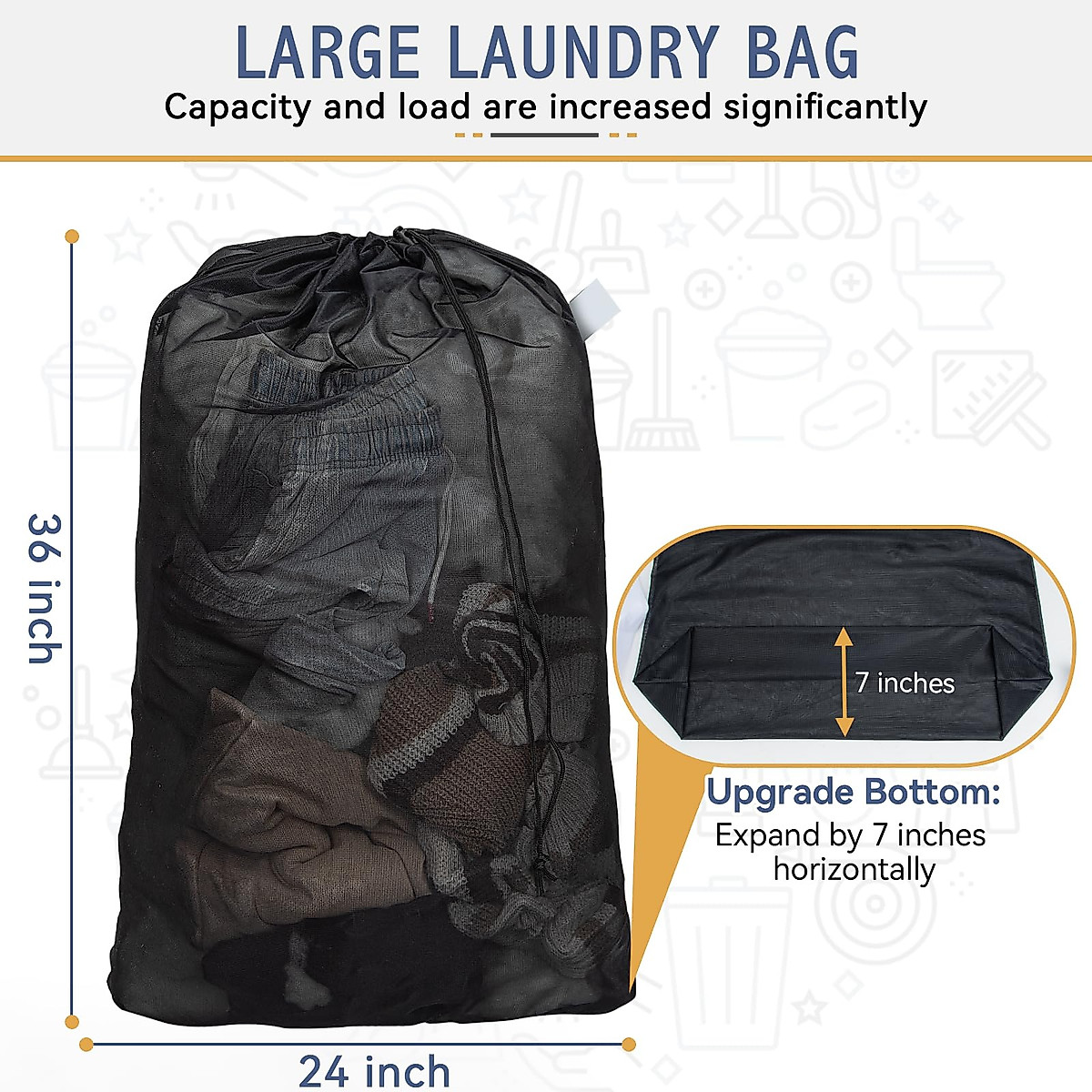 Isink Mesh Laundry Bag, 24" x 36" Large Heavy Duty Laundry Bag,Travel Laundry Bag for Dirty Clothes,Drawstring Laundry Bag for Apartments, College Dormitories,Camp (1 Pack, Black)