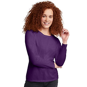 Hanes Women's Originals Long Sleeve Cotton T-Shirt, Lightweight Crewneck Tee, Modern Fit, Violet Splendor, Large