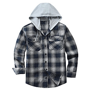 Puwasa Flannel Hoodies for Men,Men's Plaid Shirts Casual Long Sleeve Lightweight Flannel Shirt Jacket for Men Blue Large