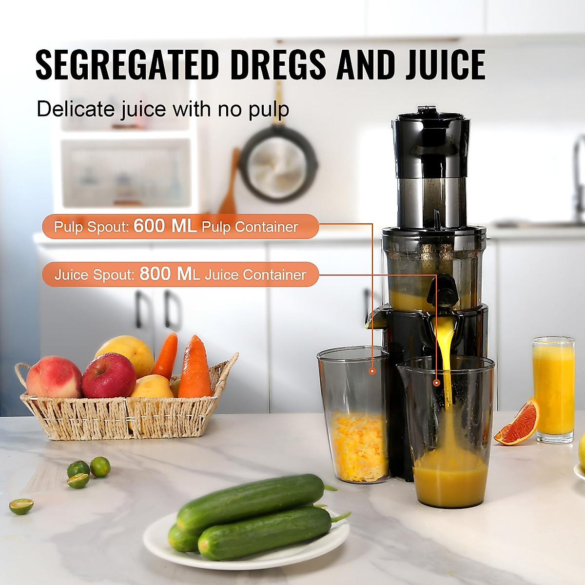 VEVOR Masticating Juicer, Cold Press Juicer Machine, Juice Extractor Maker with High Juice Yield, Easy to Clean with Brush, for High Nutrient Fruits Vegetables (Standard)