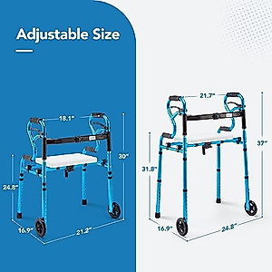 4 in 1 Folding Walker with Detachable Seat by Health Line Massage Products, Width Adjustable Folding Walkers with 5” Wheels and Extra 2 Skis, Compact Adults Walker for Seniors Support Up to 350lbs