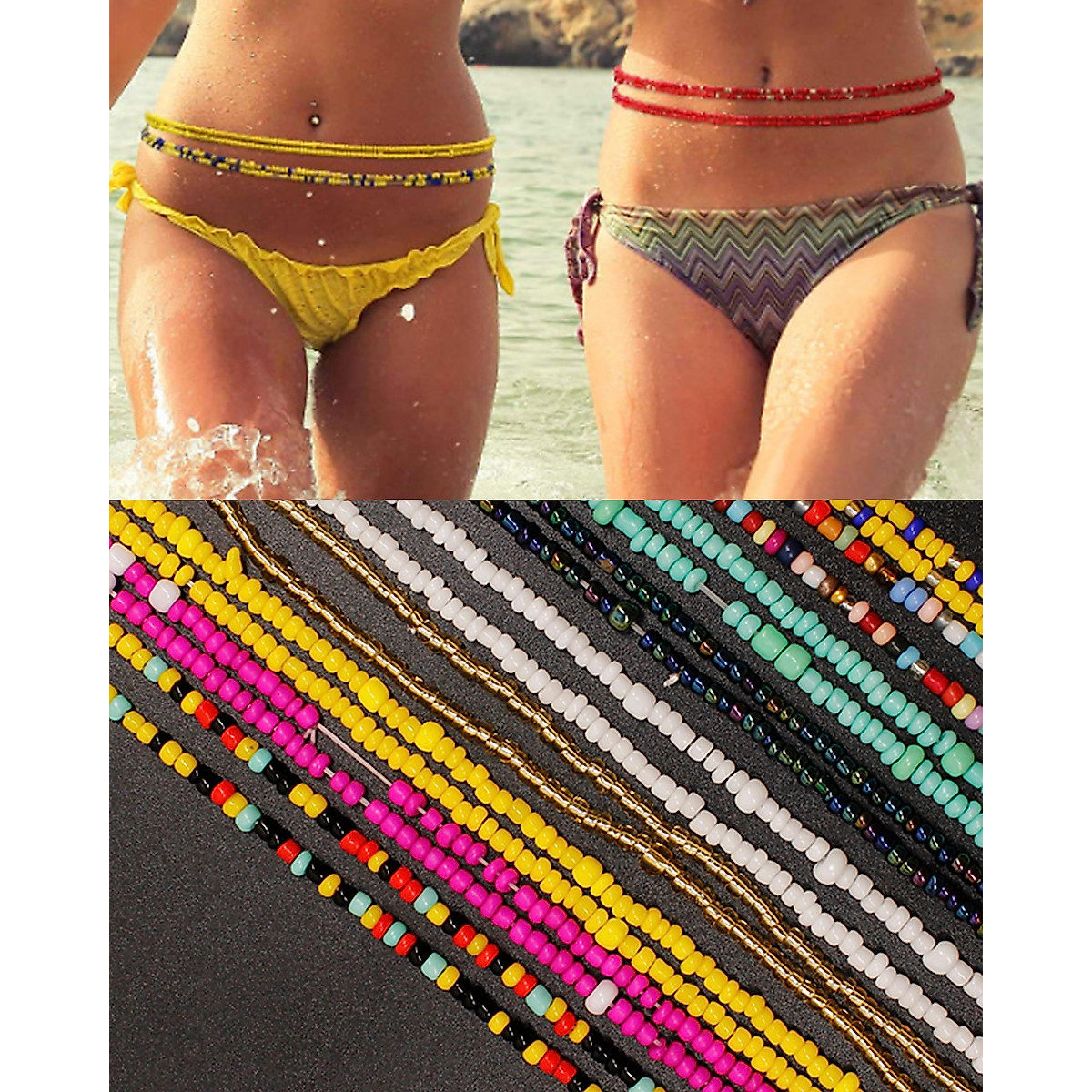 Tornito 16Pcs Belly Waist Chain Summer Jewelry Bikini Body Chain for Women African Waist Bead Set Stretchy Elastic String Multi-Color Sexy Necklace Bracelet Anklet