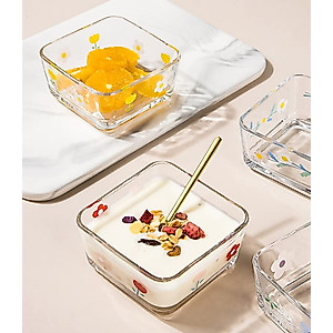 yaocoral 9 OZ Mini Floral Candy Dish Small Glass Candy Bowl for Dessert,Snack,Fruit,Yogurt,Dipping,Side Dishes,Kitchen Prep,Clear Square Dessert Bowl Serving Bowl