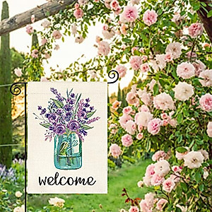 AVOIN colorlife Welcome Watercolor Flower Lavender Vase Garden Flag Double Sided, Spring Summer Holiday Yard Outdoor Flag 12 x 18 Inch