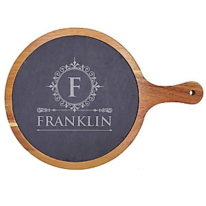 Customized and Engraved Acacia and Slate Serving Board for Meats and Cheeses (Round Large - 14" x 10")