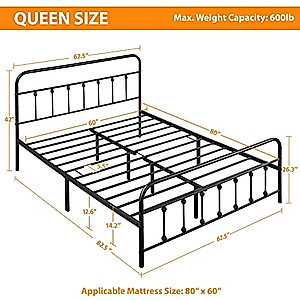 Topeakmart Queen Size Victorian Style Metal Bed Frame with Headboard/Mattress Foundation/No Box Spring Needed/Under Bed Storage/Strong Slat Support Black