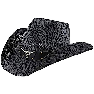 Black Straw Cowboy Hat for Men, Faux Leather, Longhorn, Shapeable Brim