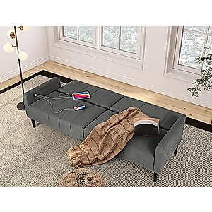 TYBOATLE 82” Modern Upholstered Convertible Folding Futon Sofa Bed, Sleeper Bed Couch w/USB Charging Ports and Pillows, Tufted 3 Seat Loveseat Sofas for Living Room, Apartment, Bedroom (Grey)