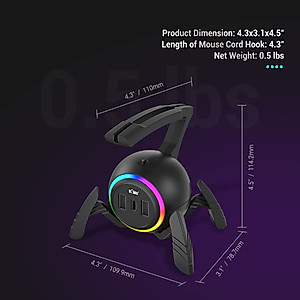 KIWIFOTOS Mouse Bungee RGB Gaming Mouse Cord Holder Controller, Upgraded Flexible Cable Management Smart RGB LED Lights 2 Port USB Hub & 1 Type-C, Spider Mouse Wire Holder