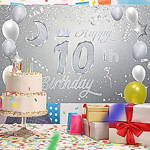 Sweet Happy 10th Birthday Backdrop Banner Poster 10 Birthday Party Decorations 10th Birthday Party Supplies 10th Photo Background for Girls,Boys,Women,Men - Silver 72.8 x 43.3 Inch