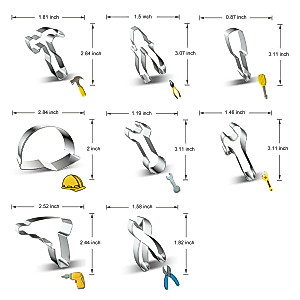 Construction Tool Cookie Cutter Set of 9 - Hammer Pliers Screwdriver Safety Helmet Hard Hat Wrench Spanner Drill Scissor Hardware Tools Cookie Cutters Shapes Molds for Kids Labor Day Party Supplies