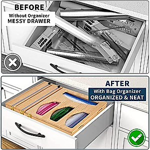 lesolar Foil and Plastic Wrap Organizer,Plastic Wrap Dispenser with Cutter and Ziplock Bag organizer,kitchen drawer organizer,Wall Mounted 6 in 1 Bamboo Ziplock Bag Storage Organizer for Gallon, Quart, Sandwich,Snack,Cling Film,Wax and Aluminum Foil