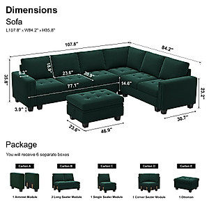 Belffin Velvet L Shaped Sofa Couch with Reversible Chaise Convertible Modular Sectional Sofa Set with Storage Ottoman Corner Sofa Set for Living Room Green