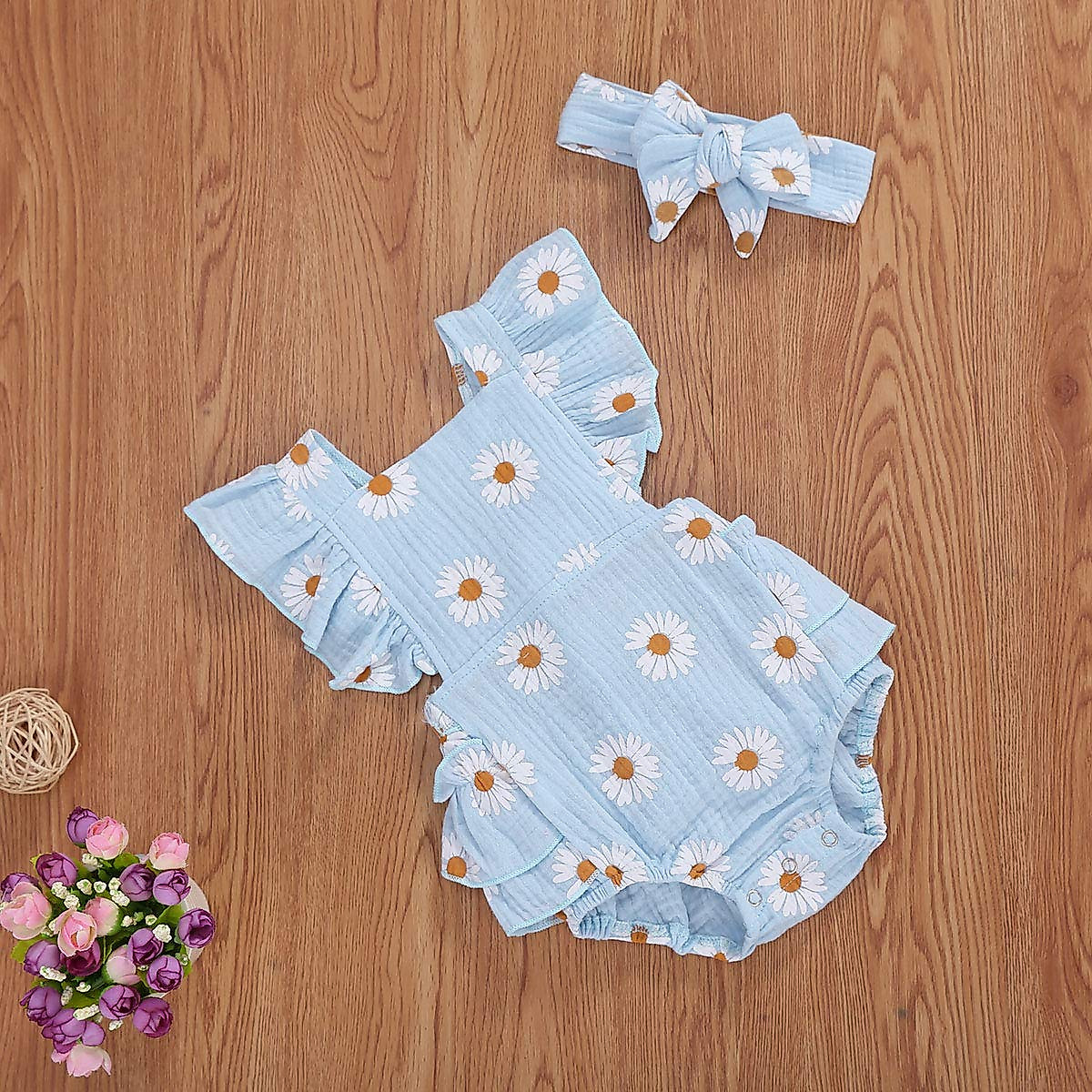 MA&BABY Baby Girls Floral Cotton Leotard Romper Blue 0-6 Months