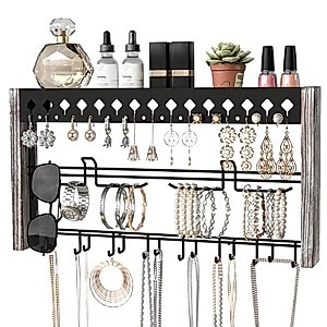 JackCubeDesign Rustic Wood Wall Mount Jewelry Organizer with Metal Hooks for Necklaces, Ring, Earrings (Rustic White) - MK460B