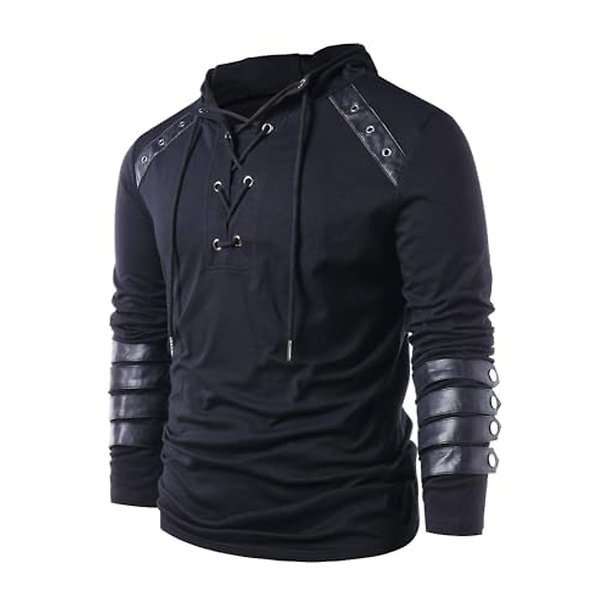 Iivos Men's Knight Drawstring Lace Up Pullover Hoodie Steampunk Long Sleeve Hooded Sweatshirt Black