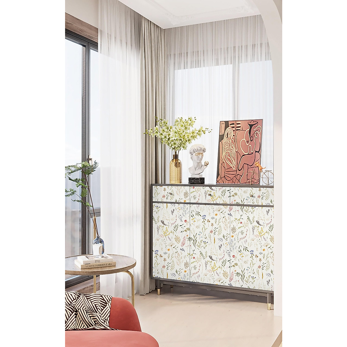 Dimoon 78.7"x16.1" Floral Peel and Stick Wallpaper Beige Contact Paper Thicken Wallpaper Delicate Flower Waterproof Green Leaf White Self Adhesive Removable Wall Paper Shelf Liner Decal Vinyl Roll