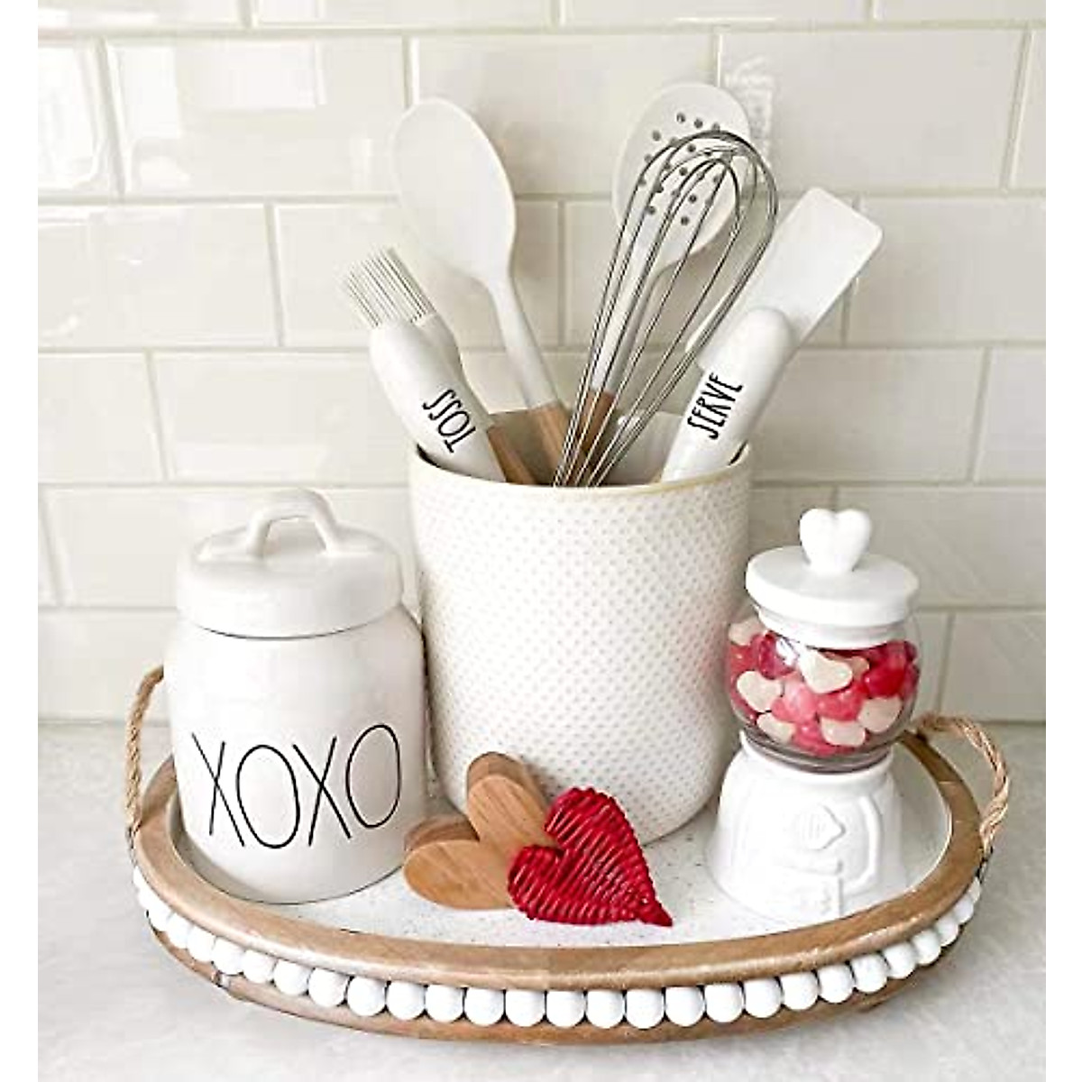 Lavender Inspired Rustic Farmhouse Wooden Beaded Serving Tray with Handles for Coffee Bar, Kitchen . Farmhouse Style Distressed Wooden Tray for Home Bathroom & Kitchen Table Decor, Two Sizes.(M)