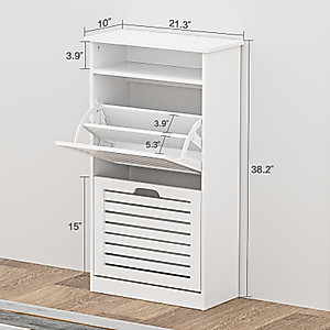 TENNTOU Shoe Storage Cabinet with 2 Flip Drawers & Top Cubby, Shoe Cabinet for Entryway Slim, Free Standing Shoe Rack Cabinet, Narrow Shoe Organizer for Entryway, Hallway, Bedroom, White