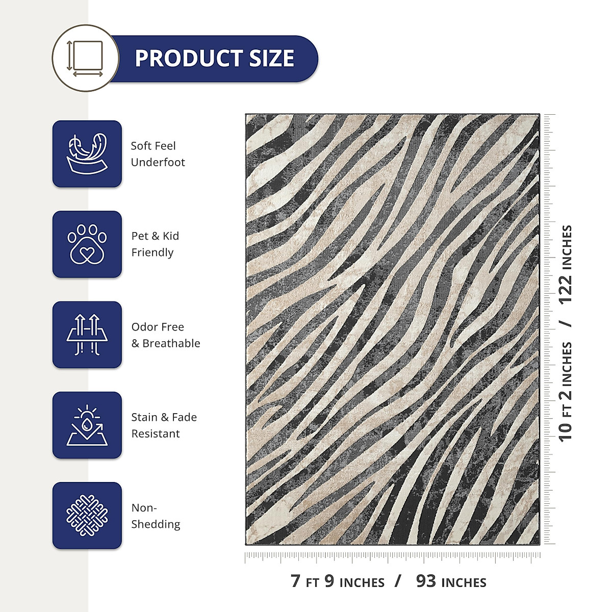 Abani Terra Area Rug for Living Room, Bedroom - Zebra Pattern - Black Cream - 8' x 10' - Durable & Easy to Clean