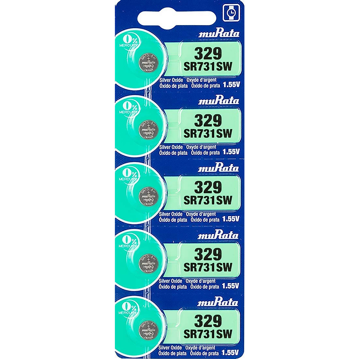 Murata 329 Battery SR731SW 1.55V Silver Oxide Watch Button Cell (5 Batteries)