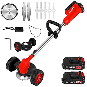 Cordless Grass Trimmer Weed Wacker, 3-in-1 Weed Eater String Trimmer with 3 Types Blades Li-Ion Battery Powered Height Adjustable Lawn Edger Brush Cutter for Home Garden, Lawn, Yard (Red)