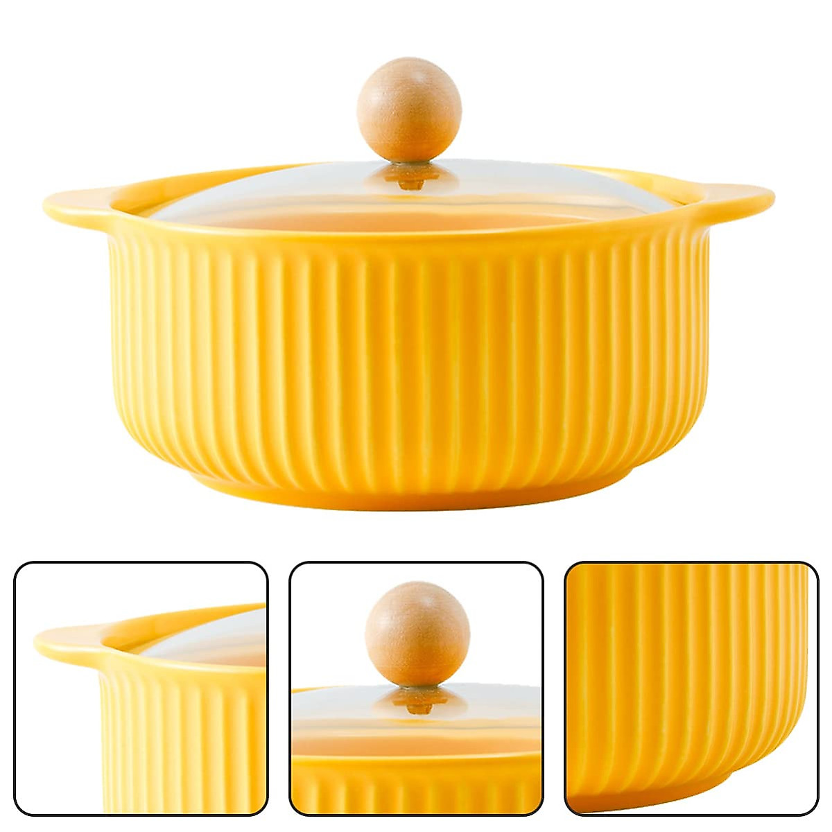 LIFKOME Ceramic Soup Bowl With Handles And Lid Ceramic Serving Bowl Set for Soup Instant Noodles Soup Mug Modern Simple Style Cereal Bowl Table Decoration Yellow