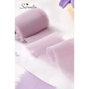 Serwalin 4 Rolls Chiffon Silk Ribbon 1.5" x 7Yd Gauze Frayed Edges Purple Handmade Fringe Ribbons Set for Wedding Invitations, Bridal Bouquets, Gifts Wrapping, DIY Crafts (4 Rolls 28 Yards)